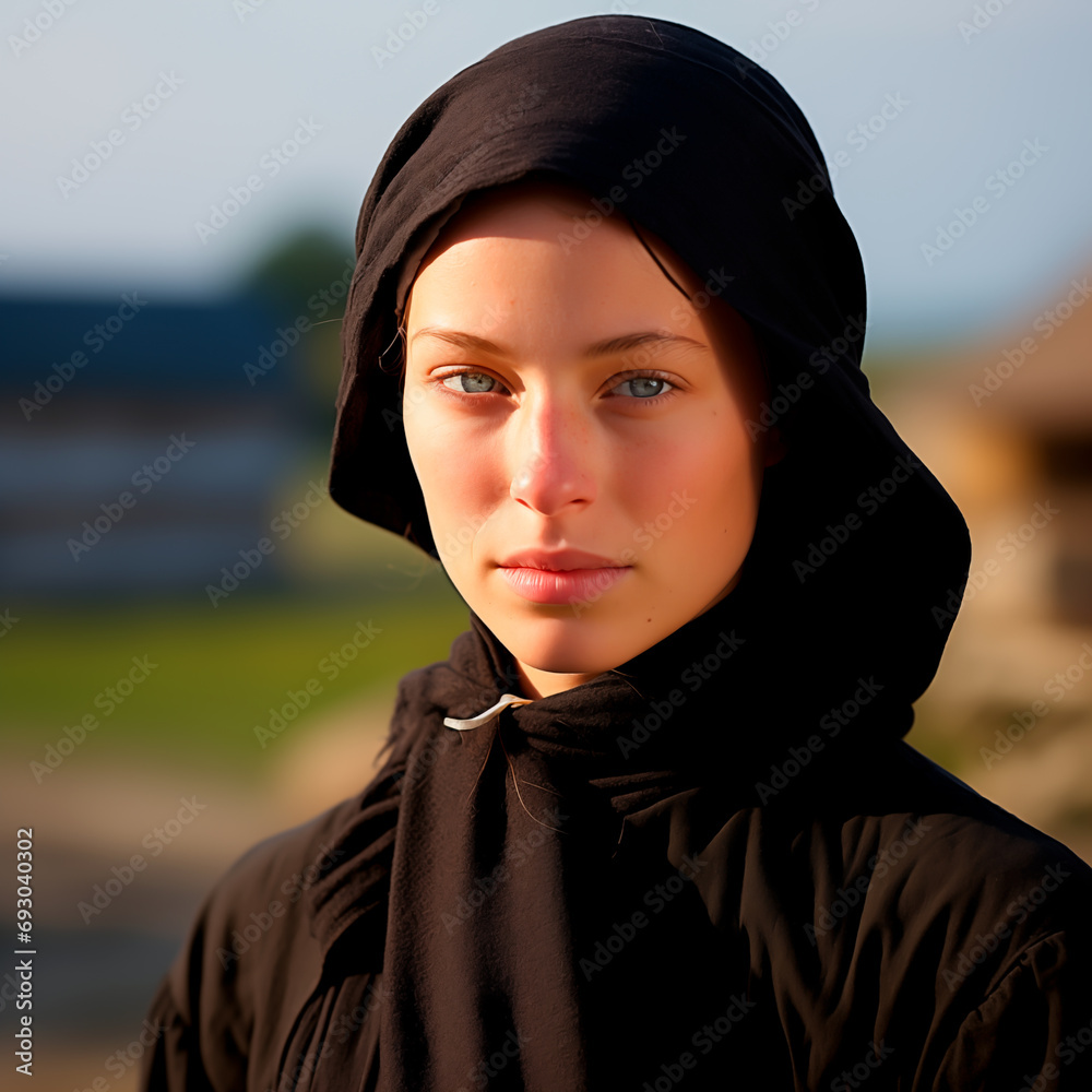 Amish woman portrait, serene expression, rural backdrop. Stock Photo ...