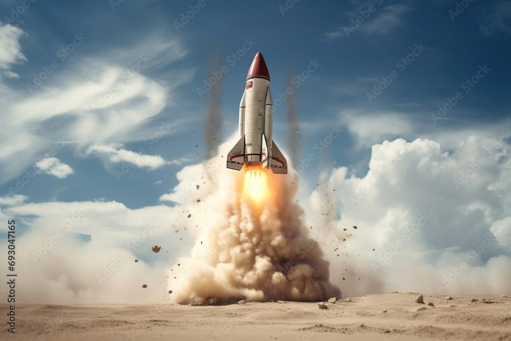 Foto de Rocket Launching Off the Ground with Fiery Thrust and Smoke ...