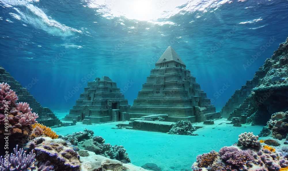 overview over submerged underwater ruins of atlantis building, lost ...