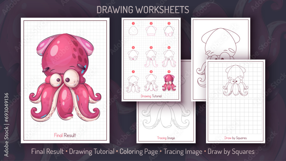 How to Draw a Squid. Step by Step Drawing Tutorial. Draw Guide. Simple ...