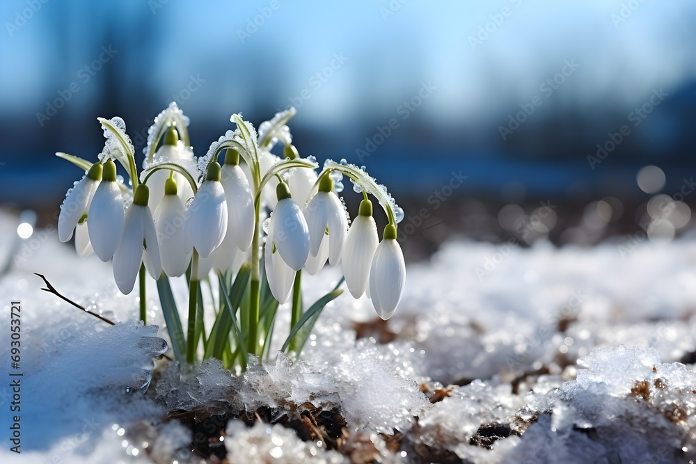 Snowdrops emerging from snow, signaling spring's arrival, against a ...