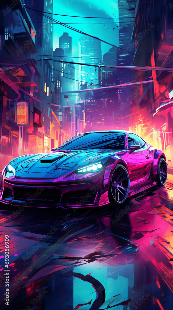 "Urban vibrance: a car set against a backdrop of neon city lights ...