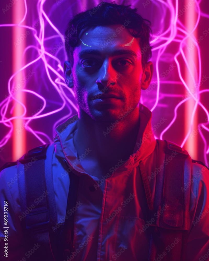 Electrifying Aura: Man with Neon Light Attached to Chest Created using ...