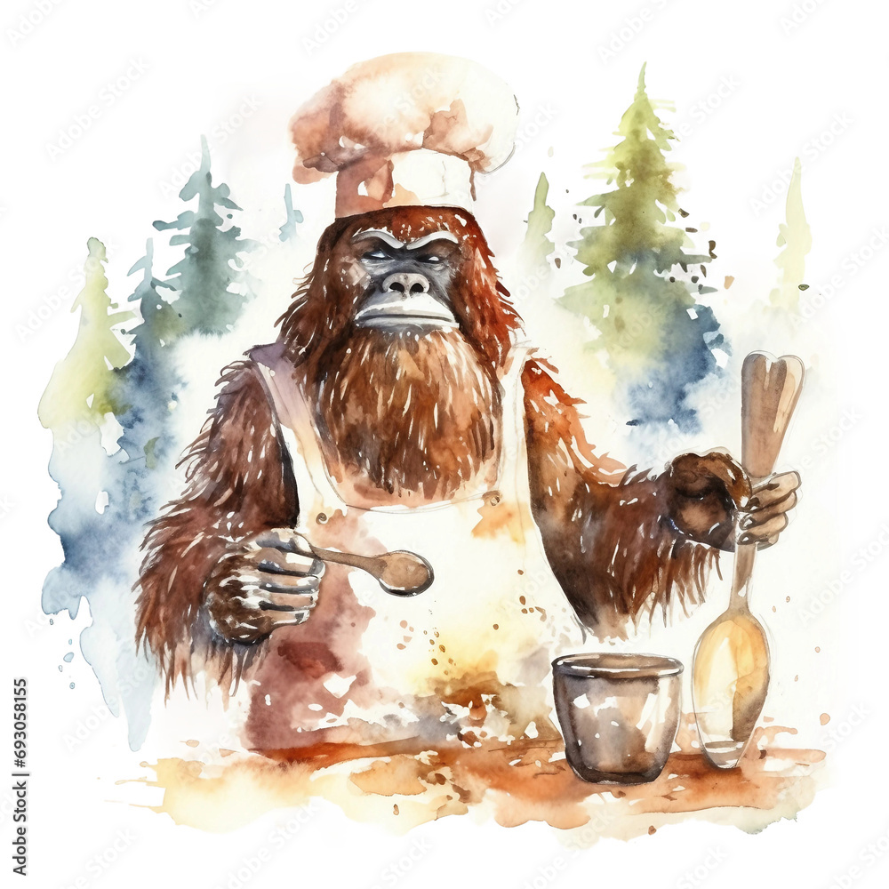 Watercolor bigfoot, yeti, png, Image Sasquatch with cooking hat, brew ...