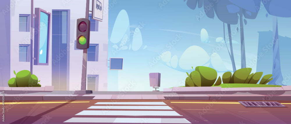City street with road crossing and green traffic light. Vector cartoon ...
