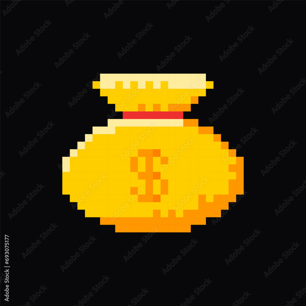 Sack with money, pixel art icon, 8-bit sprite, bag of gold coins ...
