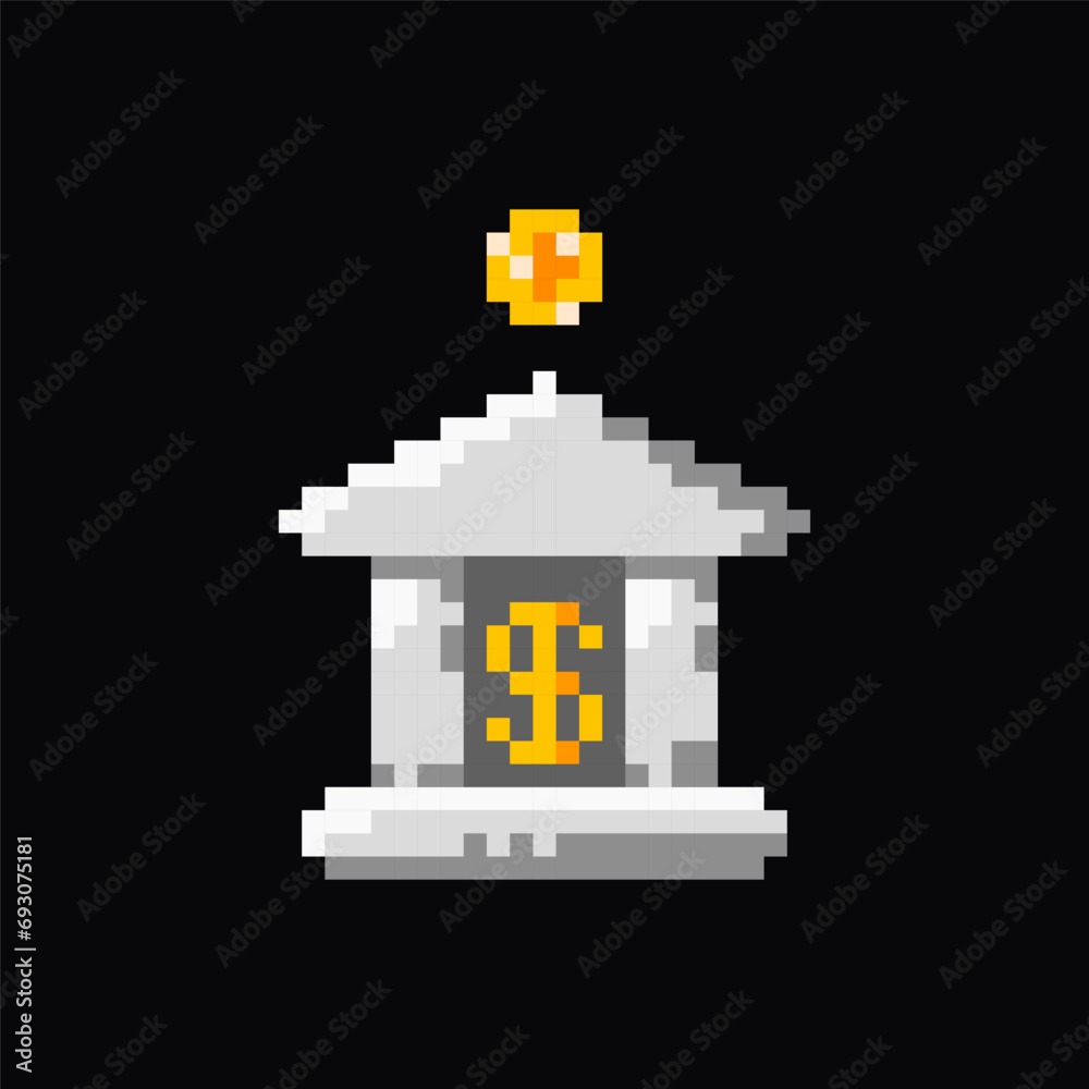 Bank pixel art icon, 8-bit sprite, banking building. Isolated vector ...