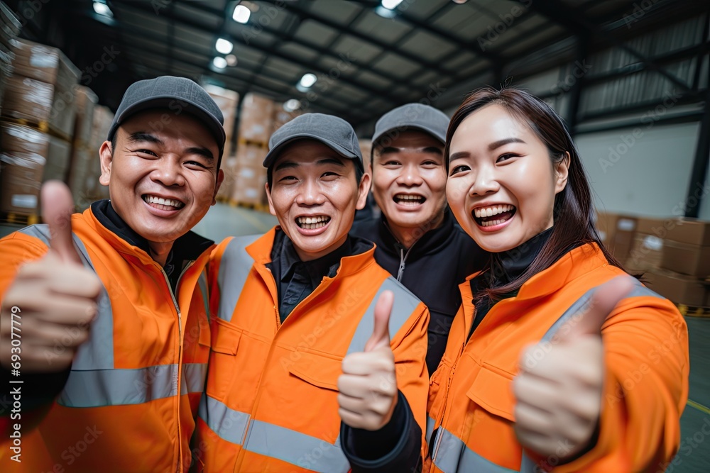 Foto de Successful Asian industrial team in a factory, wearing ...