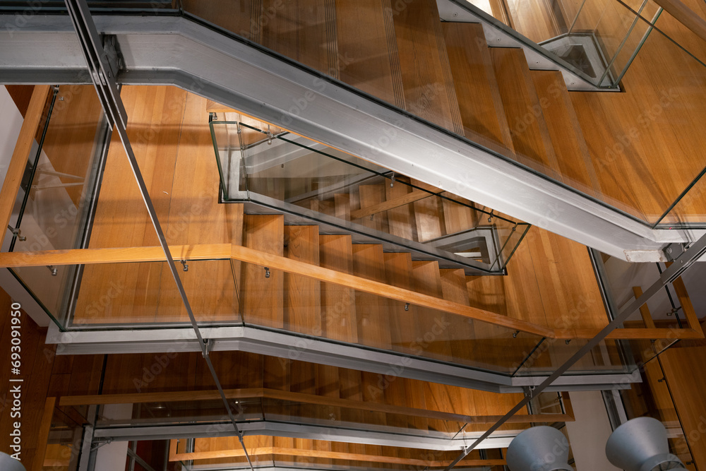 internal staircase in wood and steel, suspended. construction detail ...