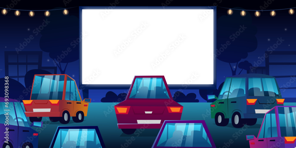 Outdoor cinema, drive-in movie theater with cars on open air parking ...