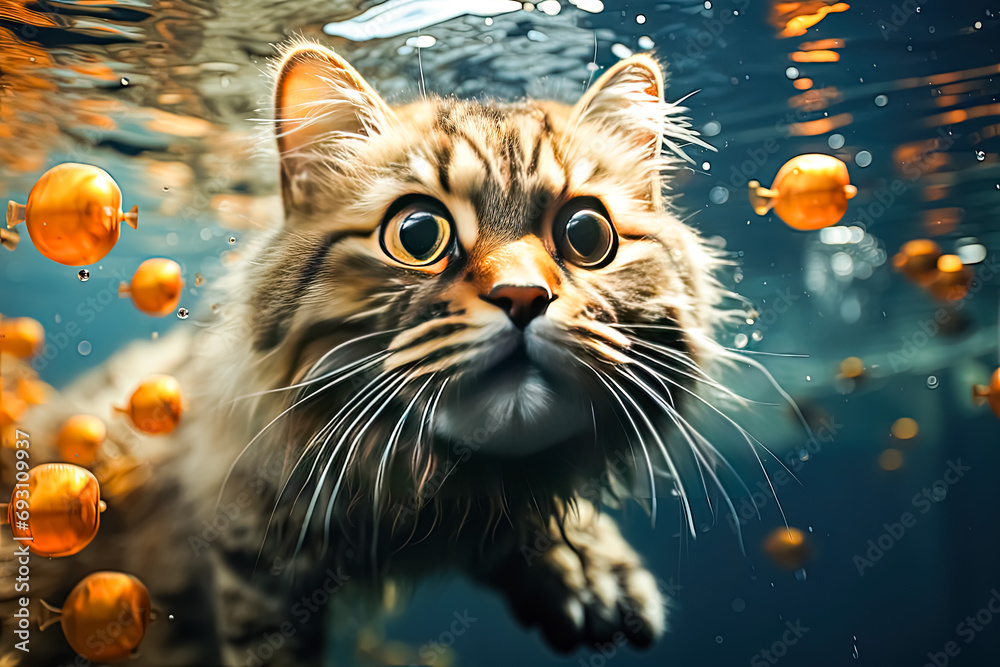 Feline aquatics, Captivating stock photo of a cat underwater in an ...