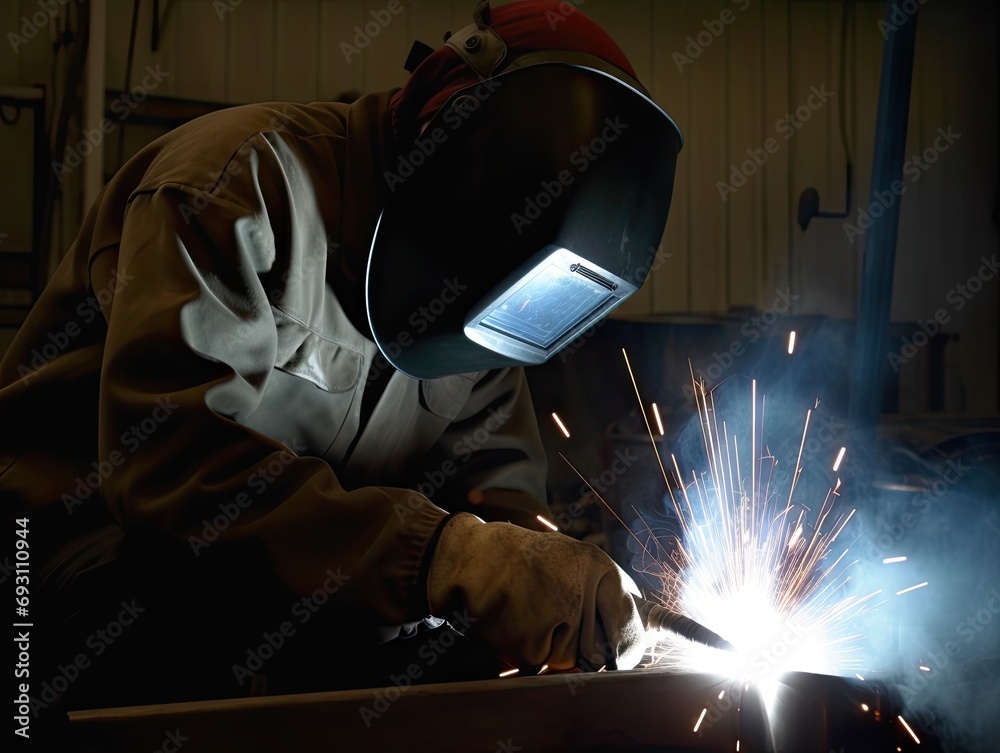 Welder close-up. Worker wearing industrial uniforms and Welded Iron ...