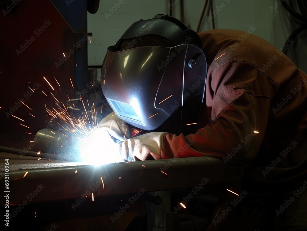 Worker wearing industrial uniforms and Welded Iron Mask at Steel ...