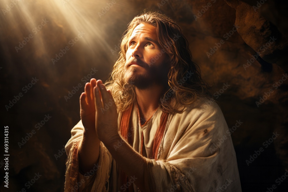 Jesus is praying in the cave with his hands raised, in the style of ...