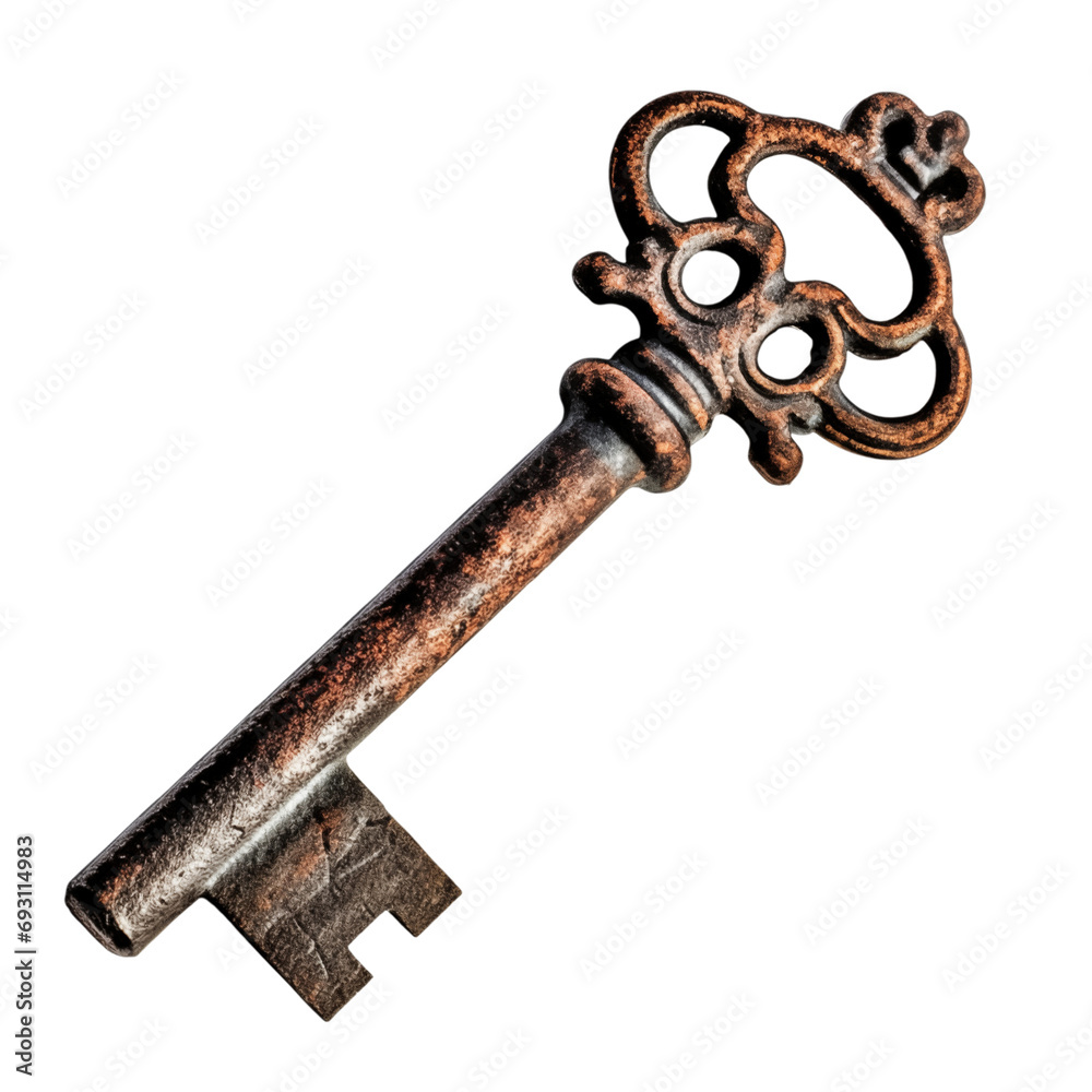 An orange key made of copper is cut out on a transparent background ...