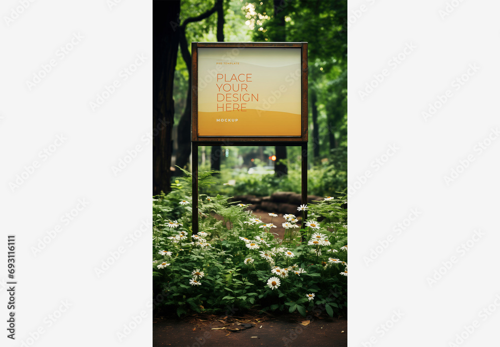 Billboard Frame Signage Mockup Template: Enchanting forest with Daisies ...