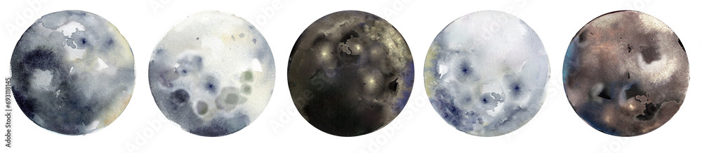 Watercolor Moon Phases set. Hand drawn clipart of lunar cycle, Black ...