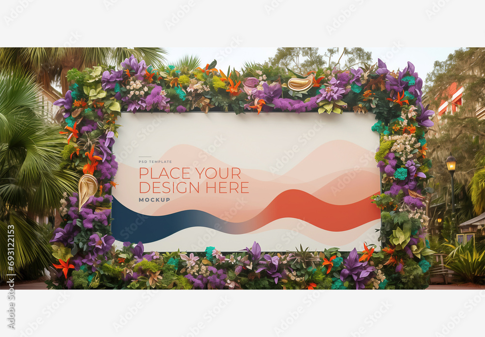 Street Frame Mockup Template with White Board, Flowers, Plants, Sky ...