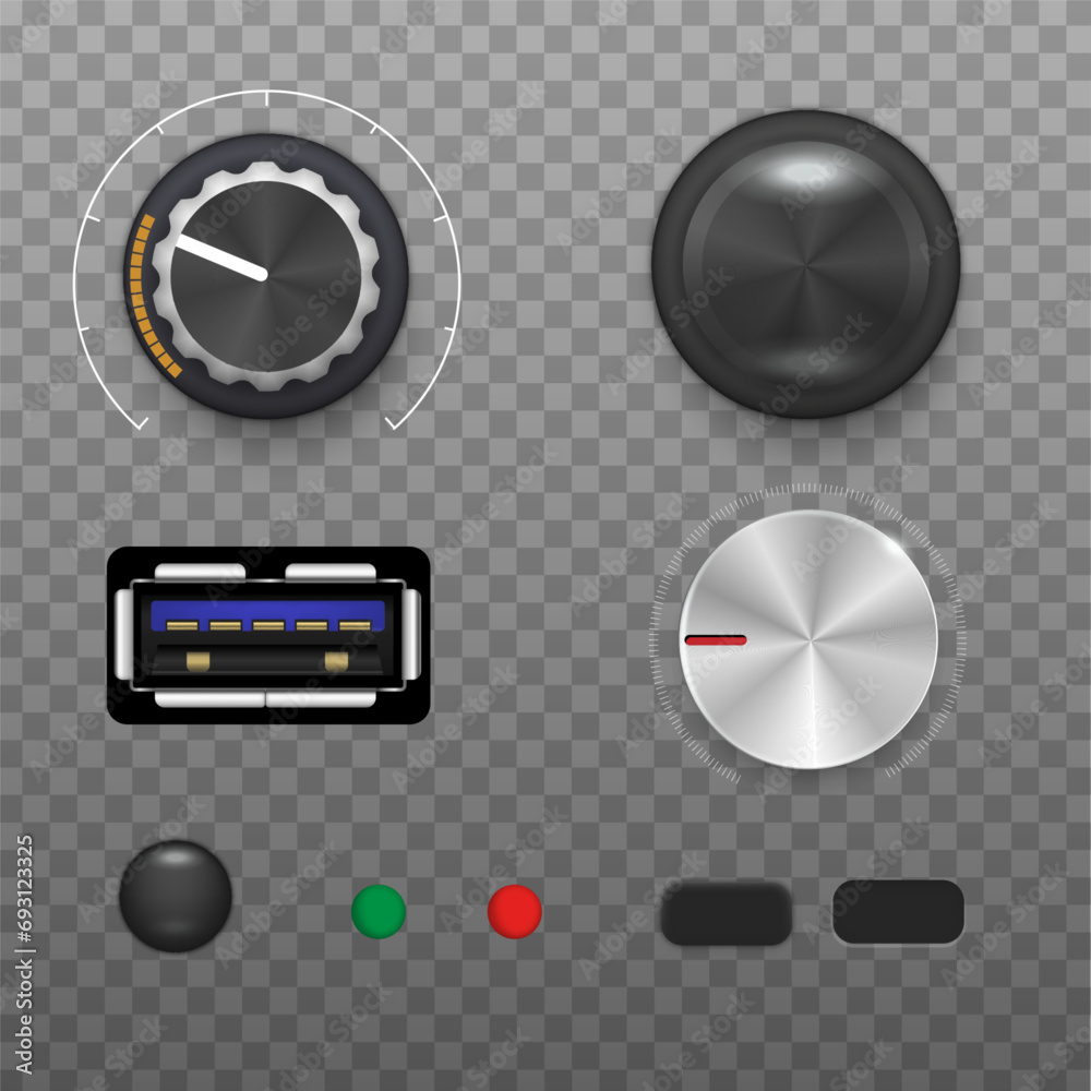 Realistic volume dial vector. Metal and plastic radio knob. Stereo ...