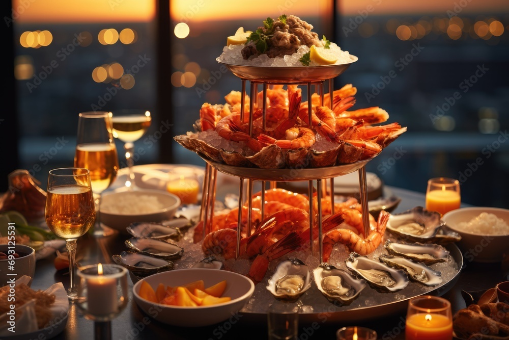 Exquisite seafood tower with a variety of shellfish, oysters, and ...