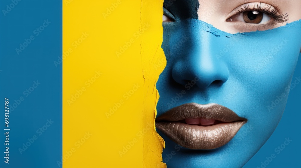 a woman's face painted blue and yellow with a half of the face painted ...