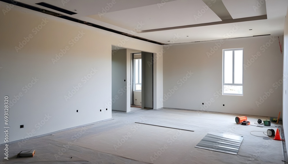 Drywall installation work in progress by construction workers at ...