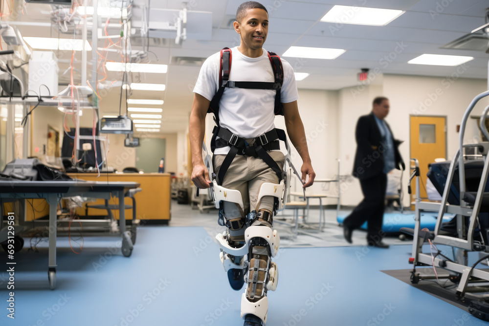 Patient Walks With Robotic Exoskeleton For Rehabilitation Stock Photo ...
