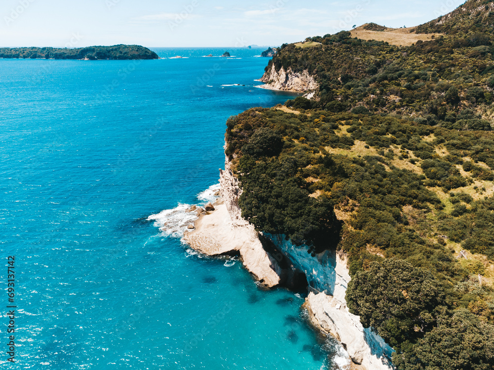 Drone photo above Cathedral Cove in New Zealand showing beaches ...