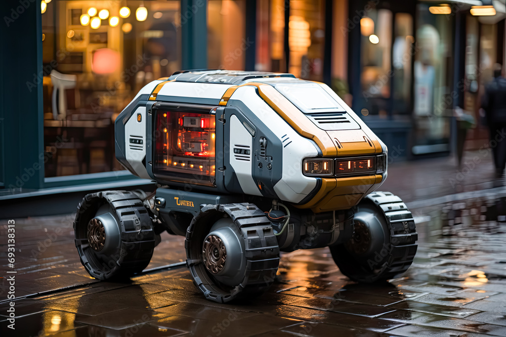 Tech delivery, Robot autonomously navigating the streets, a modern ...