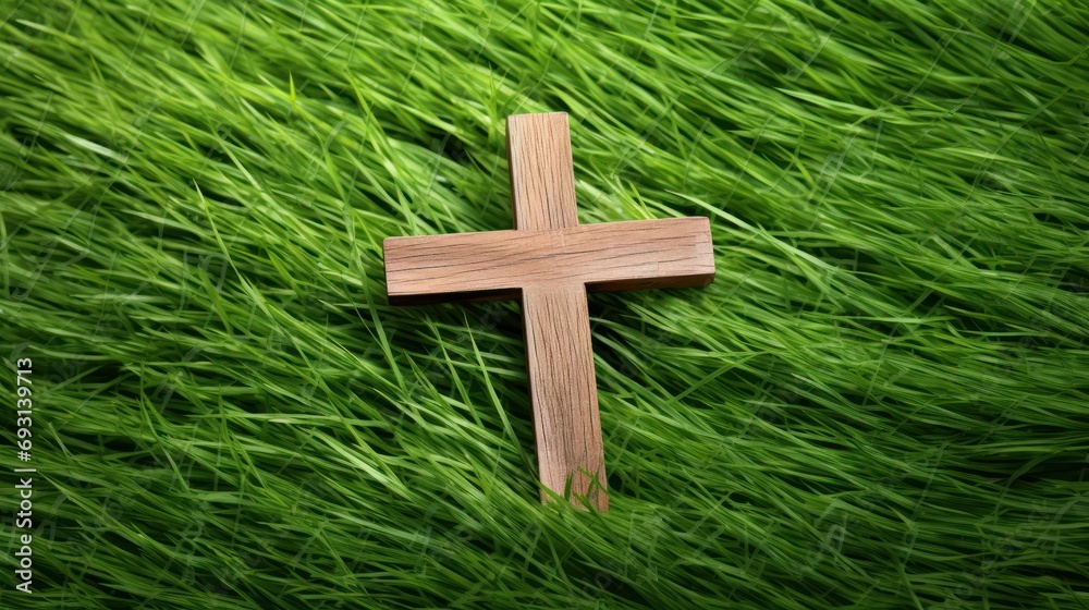 a wooden cross laying on top of a lush green field of grass on top of a ...