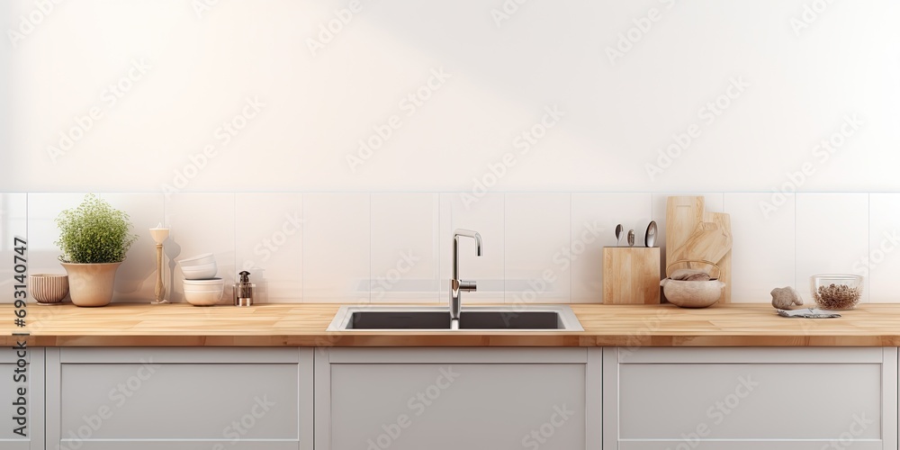 Foto de Contemporary kitchen with white wall and wooden countertops ...