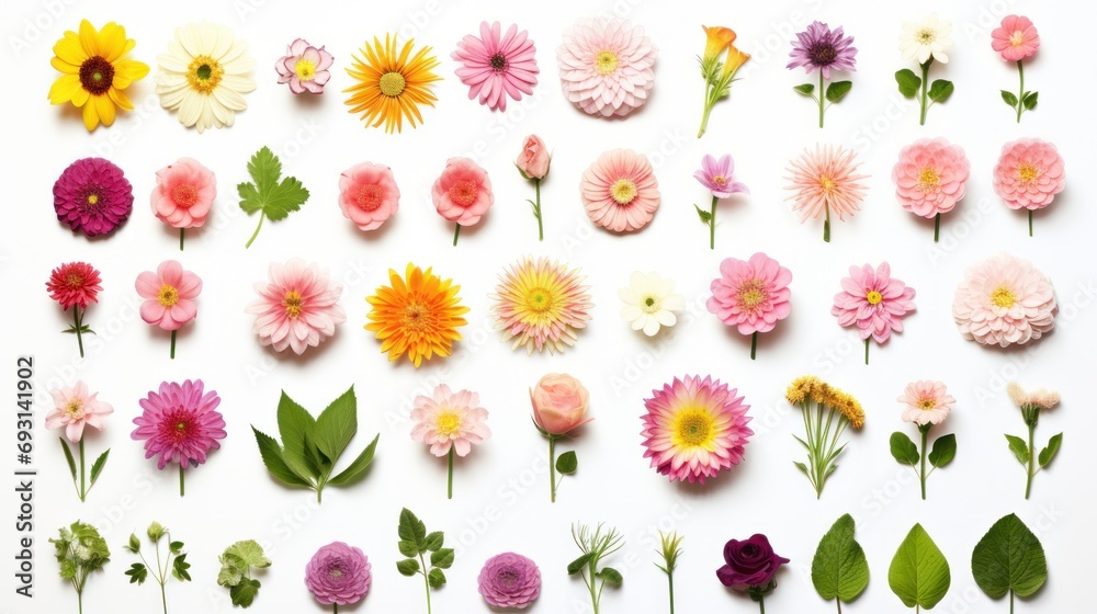 A bunch of different colored flowers on a white background. Stock ...