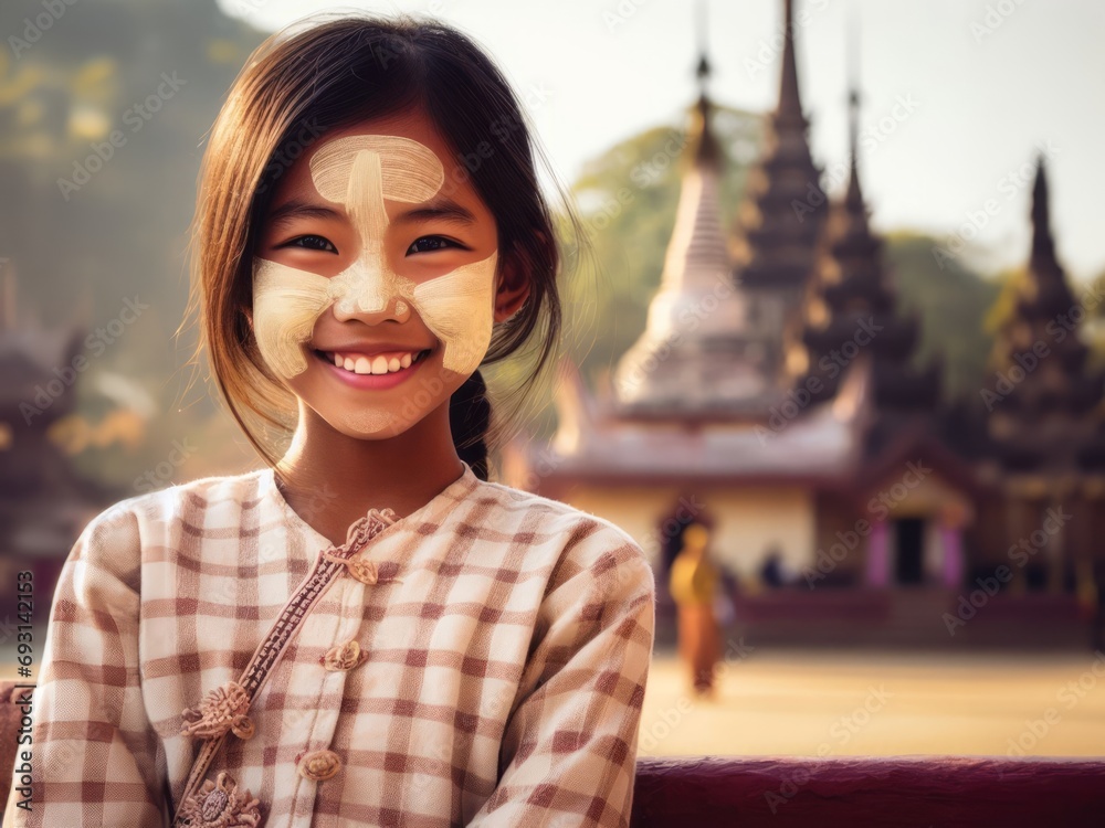 Cheerful young Burmese girl in traditional attire at a Buddhist temple ...