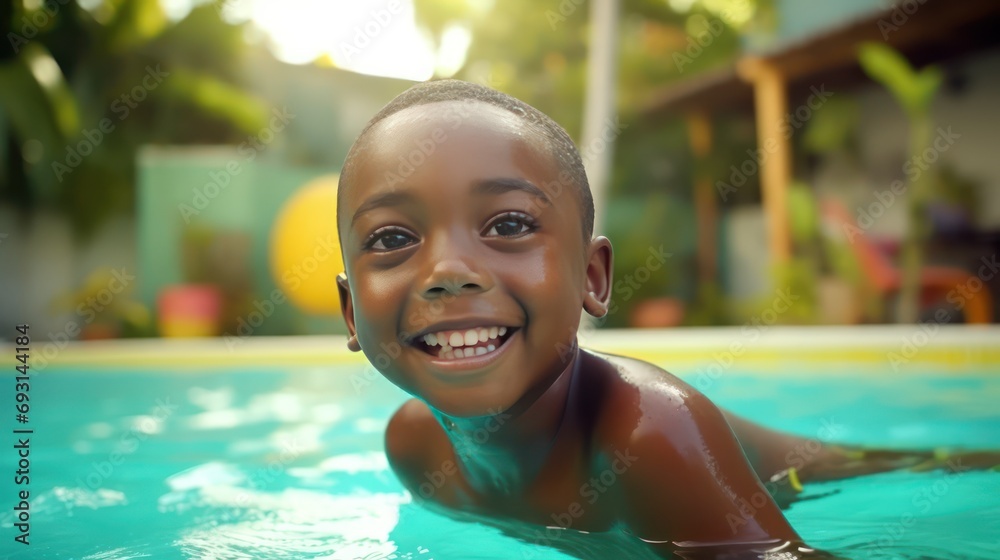 Face of a happy laughing African American boy in pool. The boy swims in ...