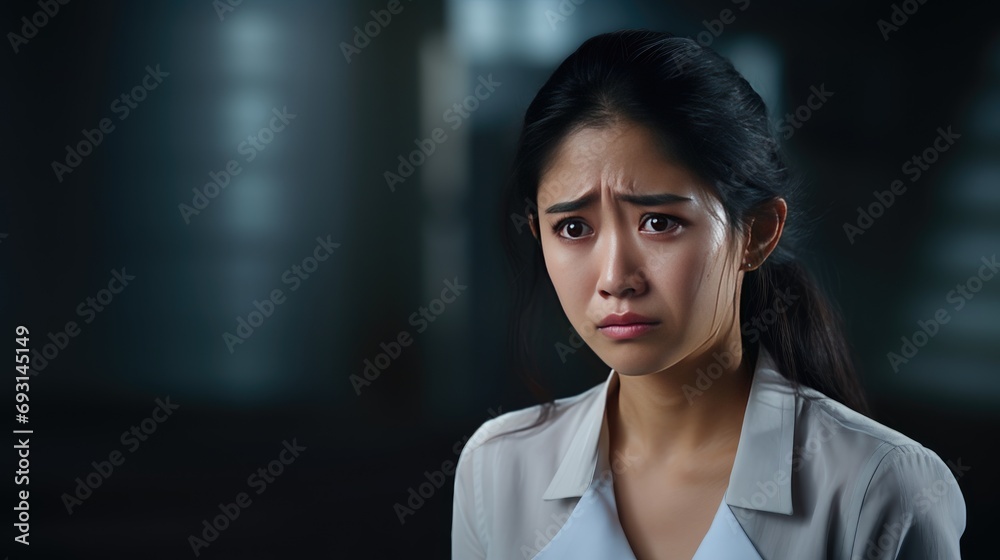 frustrated and depressed young Asian woman crying tears, representing ...