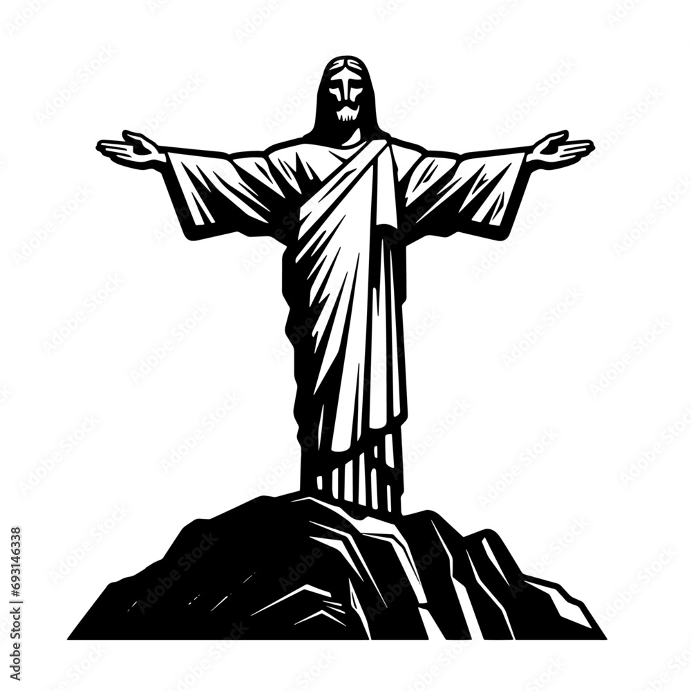 Christ the Redeemer statue in Rio de Janeiro Brazil. Vector black and ...