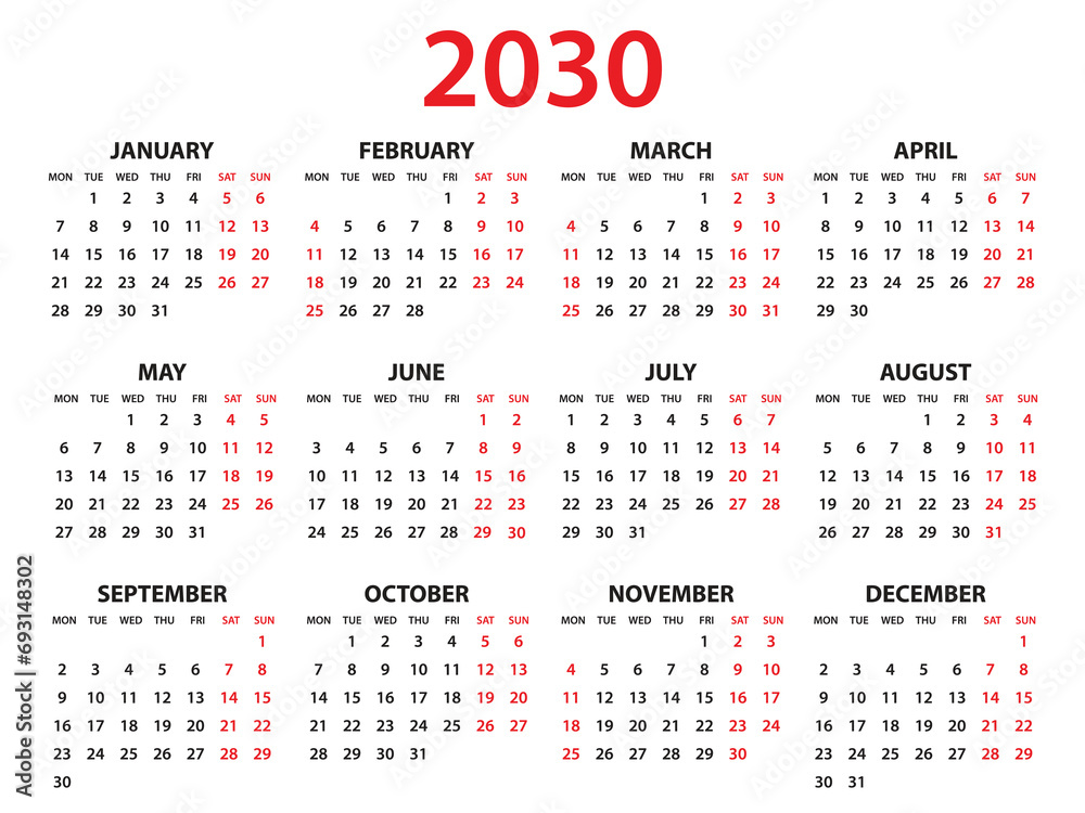 Calendar 2030 year vector illustration, Set of 12 calendar, week starts ...