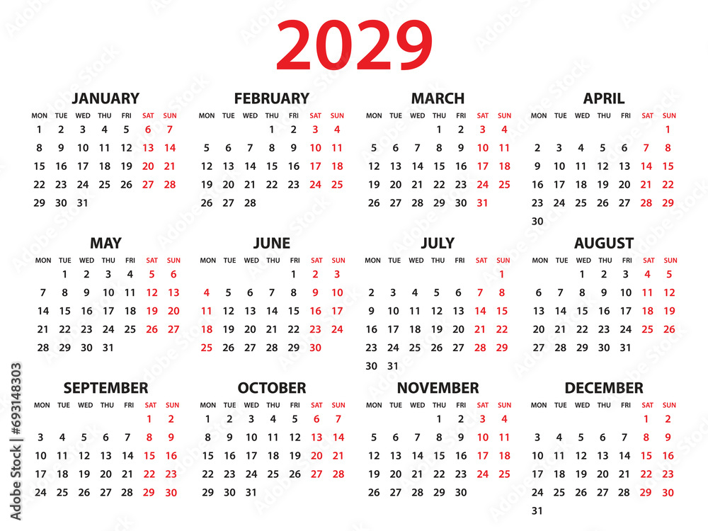 Calendar 2029 year vector illustration, Set of 12 calendar, week starts ...