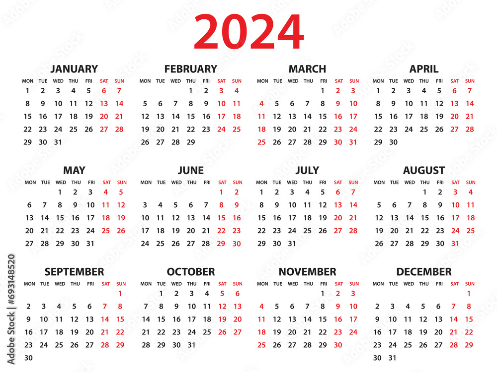 Calendar 2024 year vector illustration, Set of 12 calendar, week starts ...