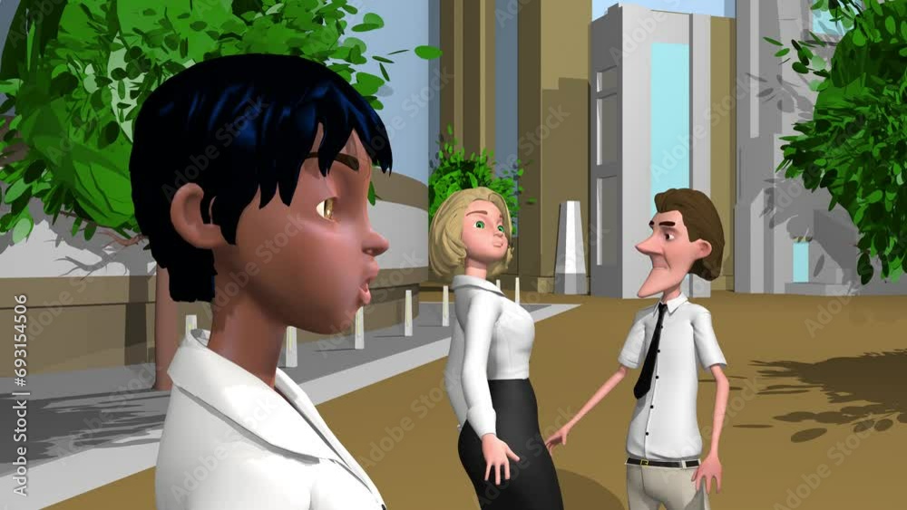 3d animation, three cartoons characters on city street. one cartoon ...