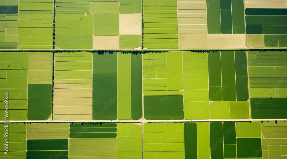 Aerial landscape view of pattern of agricultural fields with roads ...