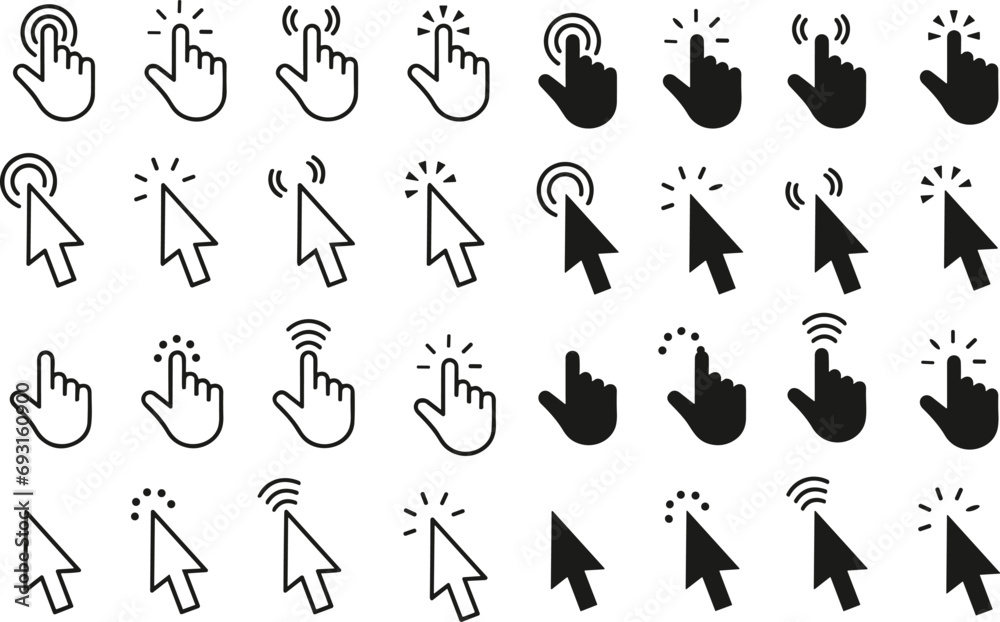 Computer line and flat mouse click cursor arrow icons set and loading ...