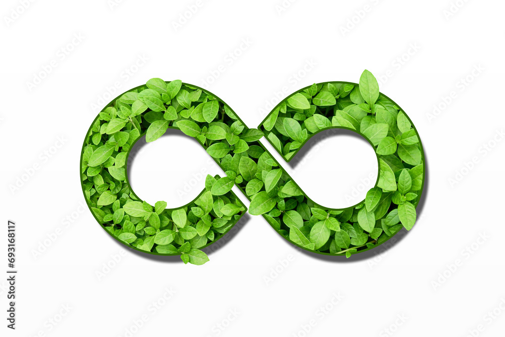 Green leaves and circular infinity symbol. Sustainable development of ...