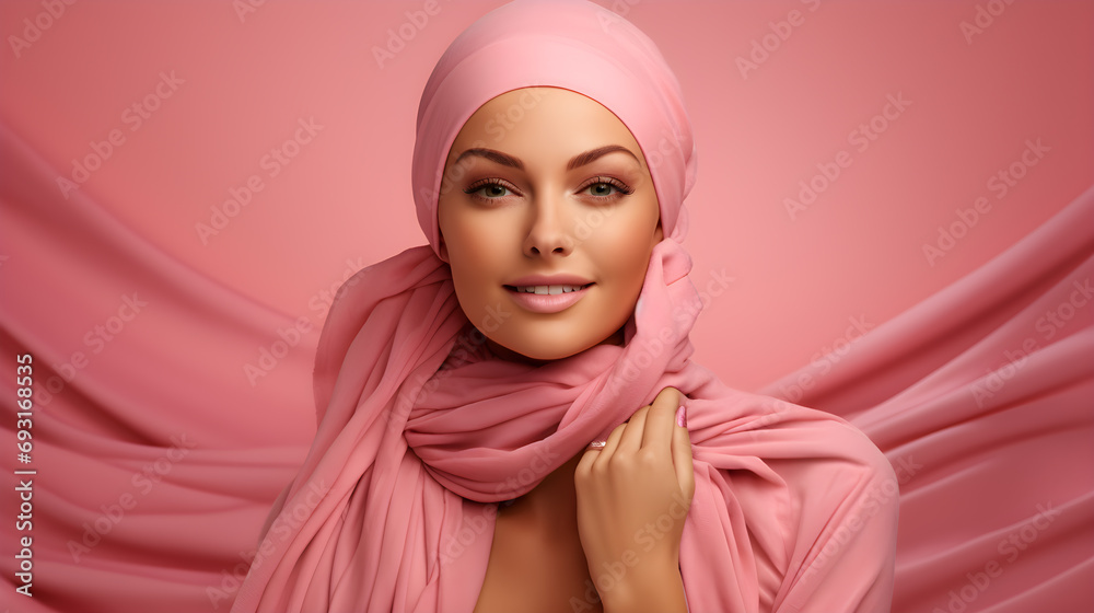 Lucha contra el cancer de pecho, rostro de mujer con simbolos en rosa ...