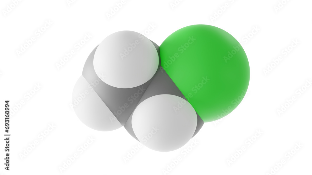 chloroethane molecule, ethyl chloride, molecular structure, isolated 3d ...