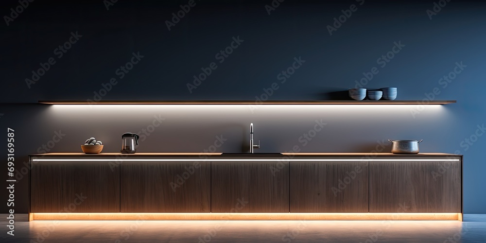 Nighttime minimalist kitchen with LED light strip, modern appliances ...