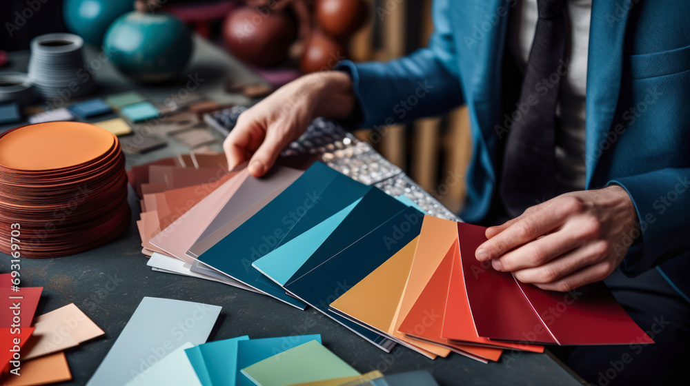Architect's workplace. Interior designer selecting color palette of ...