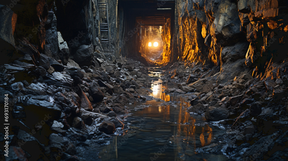 Interior panorama of underground mine shaft. Dark corridors inside ...