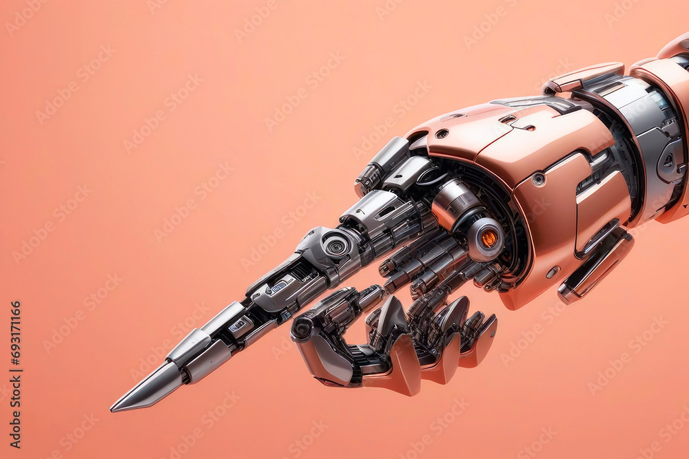 Cyborg robotic hand pointing on velvety peach color background ...