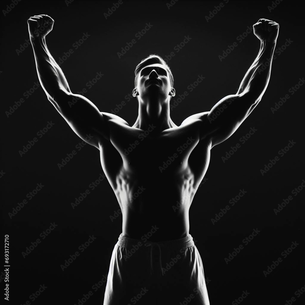 a black and white photo of a muscular man striking a victory pose. The ...